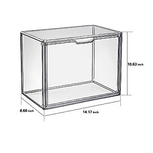 GUDEMAY Clear Stackable Plastic Storage Bins with Magnetic Lid, Dustproof Book & Cosmetic Display Cases, Large Figures Collectibles Showcase, Shoe Box, Protection Organizer (Transparent Gray -3 Pack)