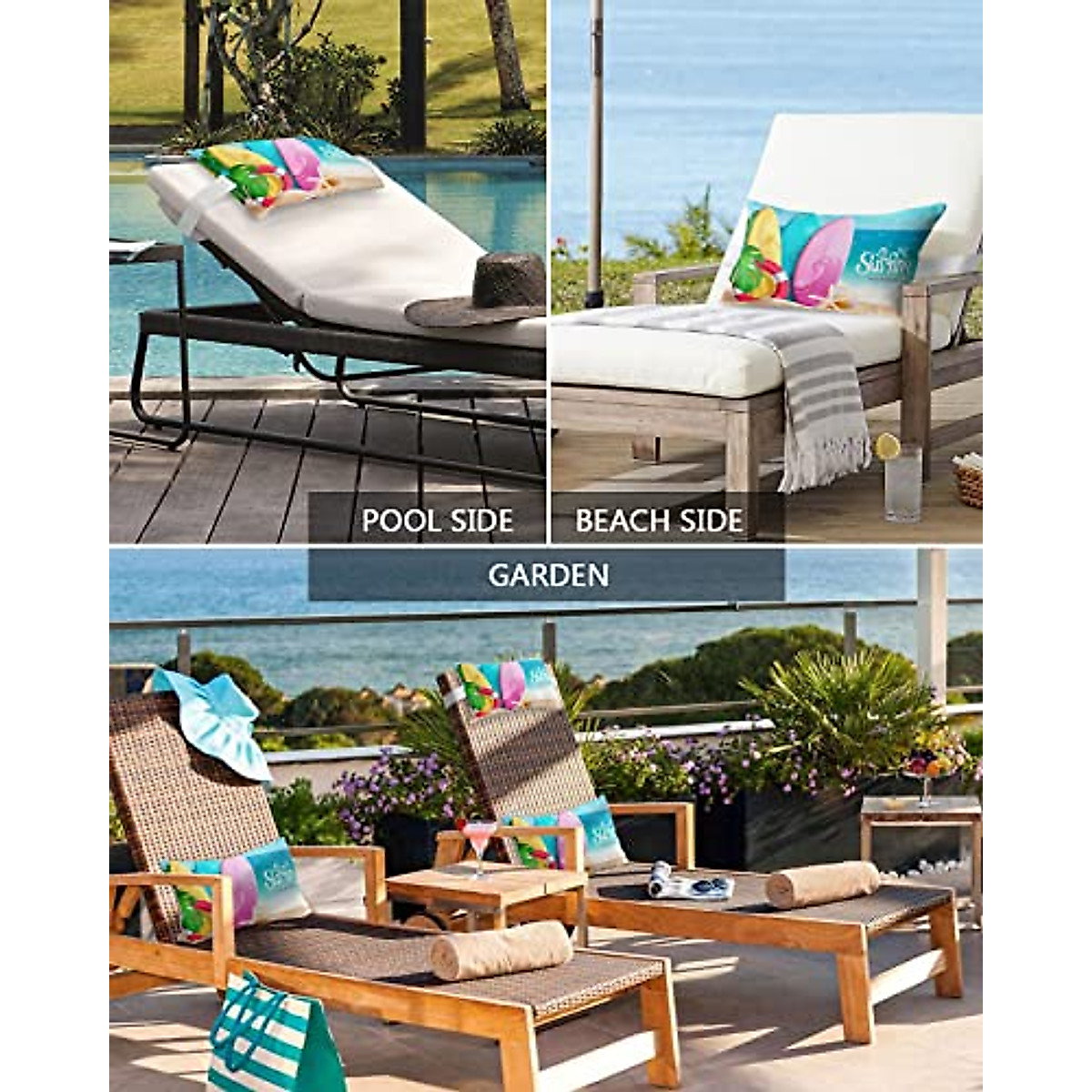 Recliner Head Pillow Ledge Loungers Chair Pillows with Insert Summer Beach Surfboard Aqua Wood Grain Lumbar Pillow with Adjustable Strap Outdoor Waterproof Patio Pillows for Beach Pool Chair, 2 PCS