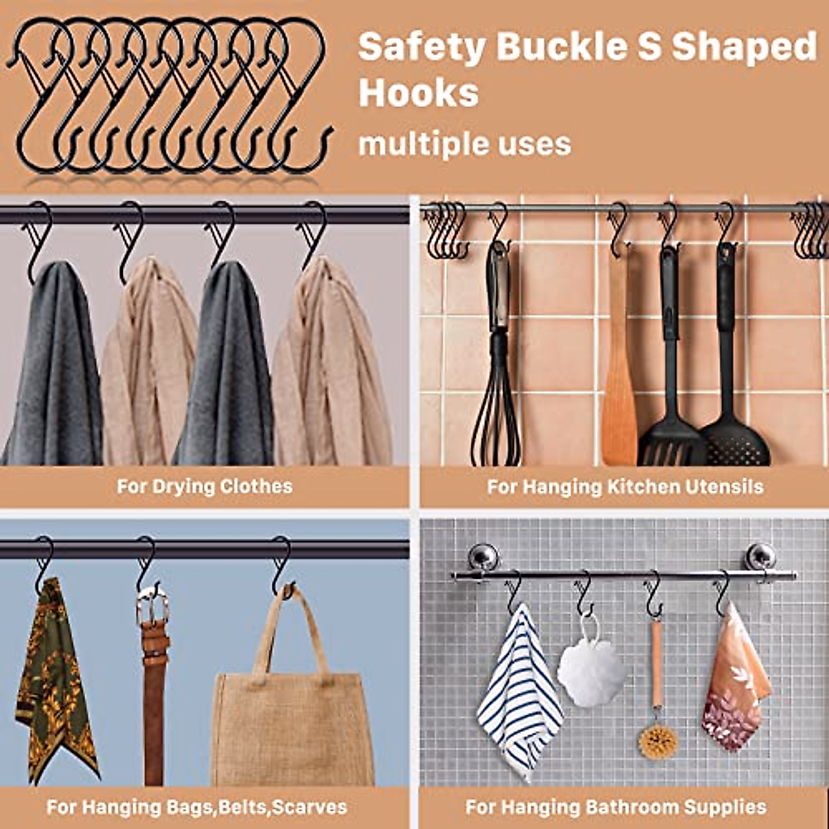 30 Pack S Hooks for Hanging,S Hooks with Safety Buckle,Heavy Duty S Shaped Hooks,3.55 inch Rustproof S Hanging Hooks,Black S Hooks for Hanging Plants Kitchen Utensil Pots Pans Bathroom Closet Garden