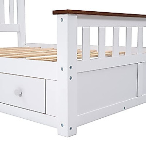 ERDAYE Full Size Bedframe Wooden Platform Bed with Two Storage Drawers and Wood Slat Support, White+Walnut