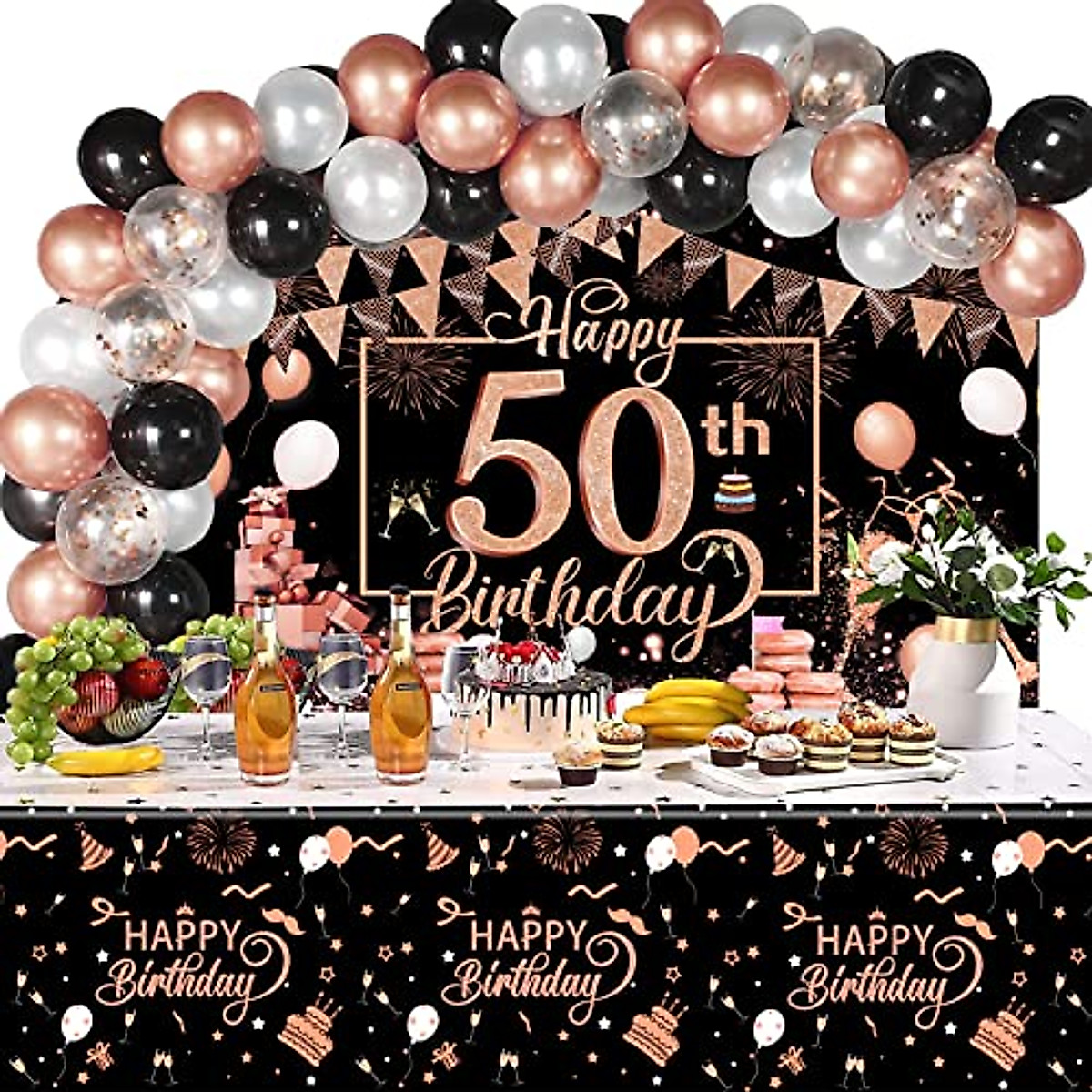 Rose Gold Black Happy 50th Birthday Extra Large Background Banner with 50pcs Metallic Shiny Latex Balloons for 50th Birthday Party Backdrop Decoration Supplies