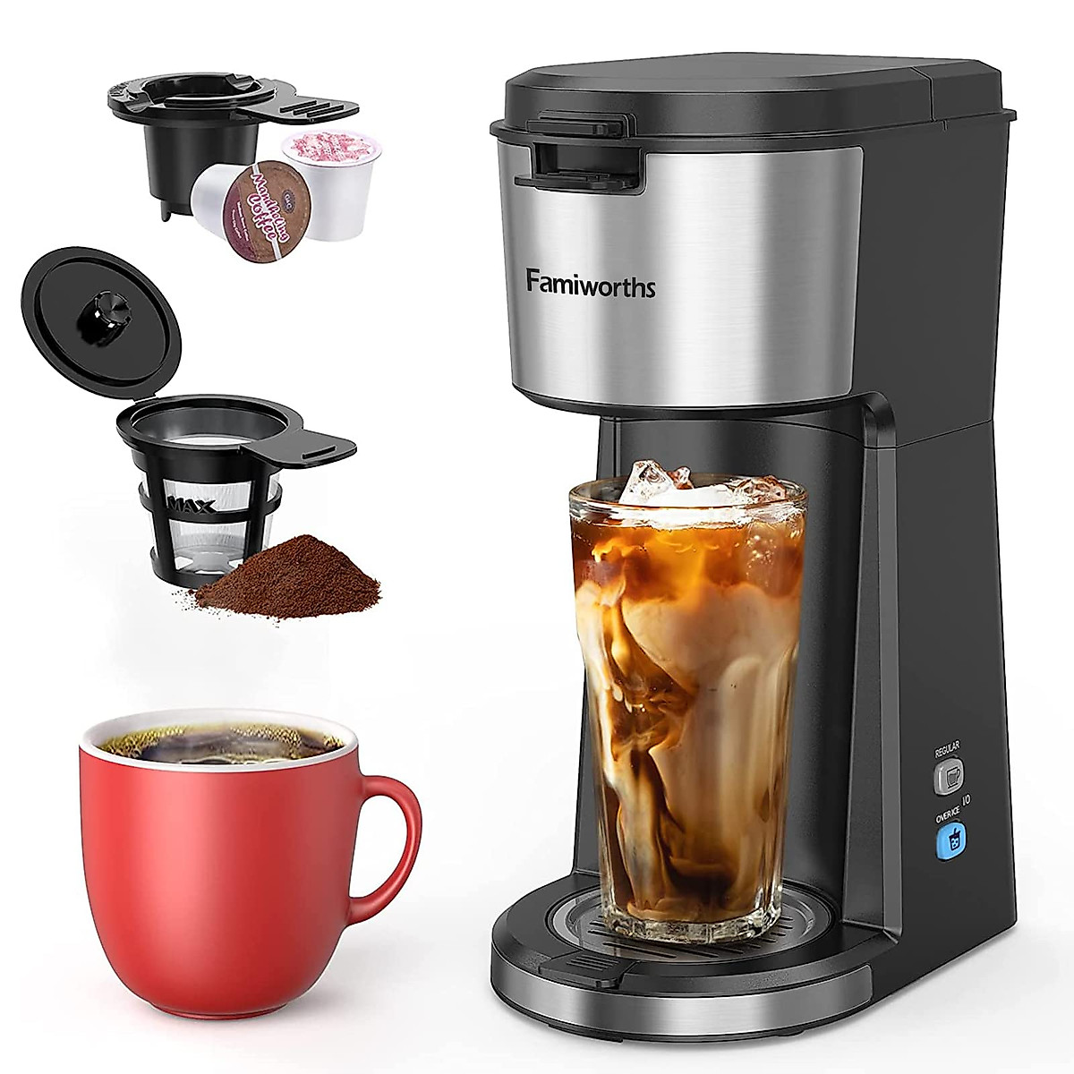 Famiworths Single Serve Coffee Maker, Iced and Hot Coffee Maker for K Cup & Ground Coffee, 6 to 14 Oz Brew Sizes, Iced Coffee Machine for Home, Office and RV, Black