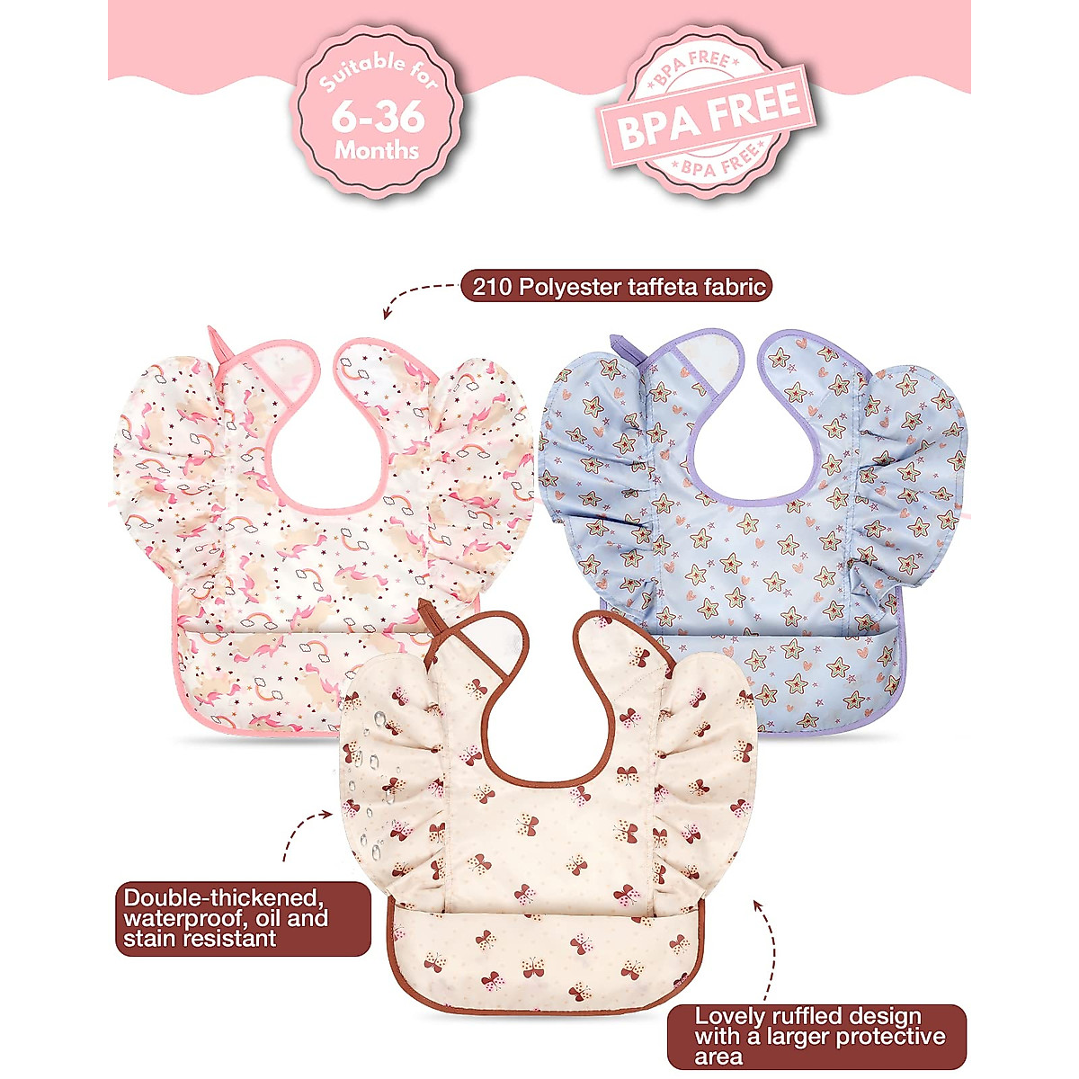 Lictin Baby Bibs for Girls Waterproof - 3 Pack Mess Proof Bib, Oil-proof Toddler Feeding Bib with Adjustable Closure, Baby Bibs for Eating 6-36 Months, Baby Food Bib Machine Washable