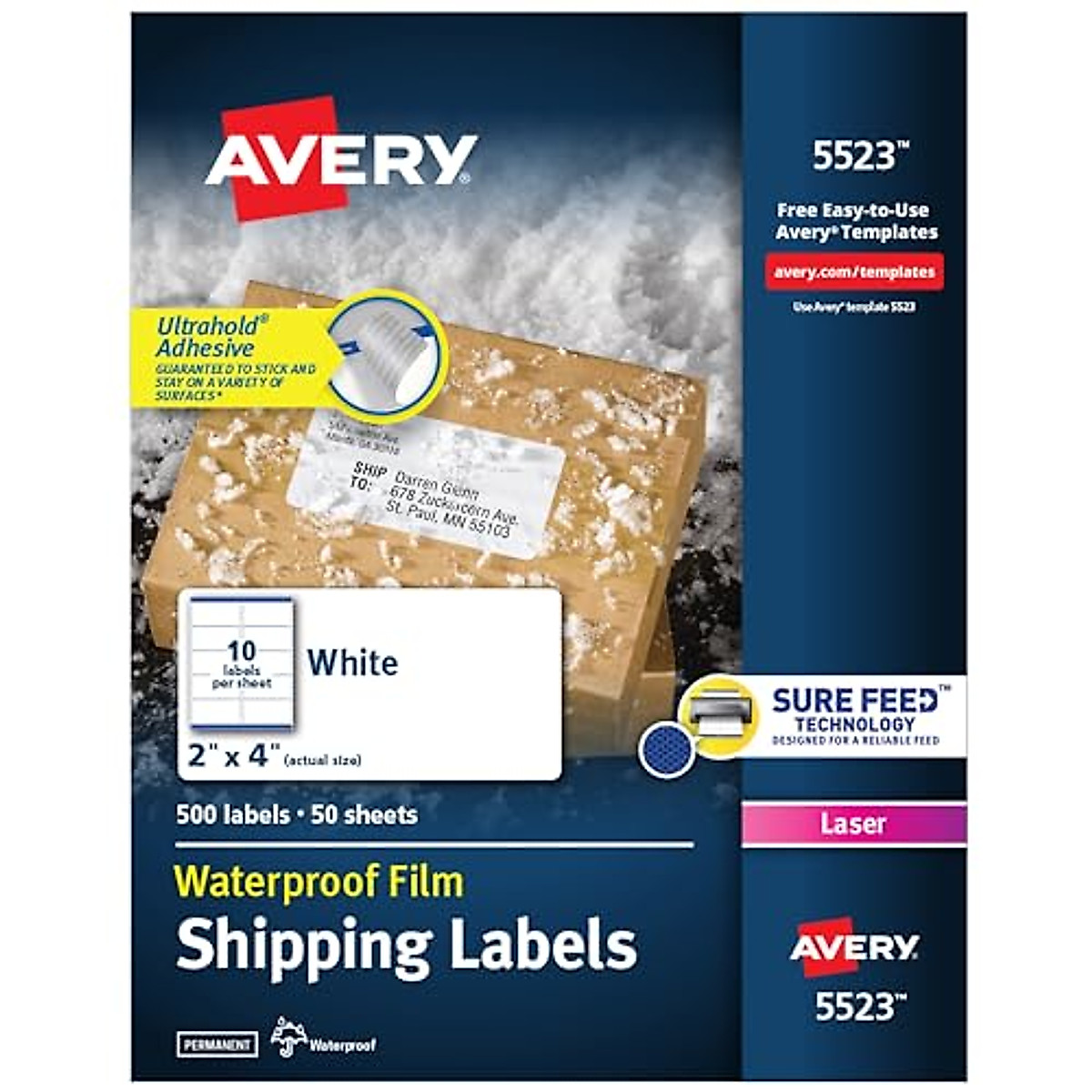Avery Waterproof Labels with UltraHold Permanent Adhesive, 2" x 4", 500 Labels for Laser Printers (5523)
