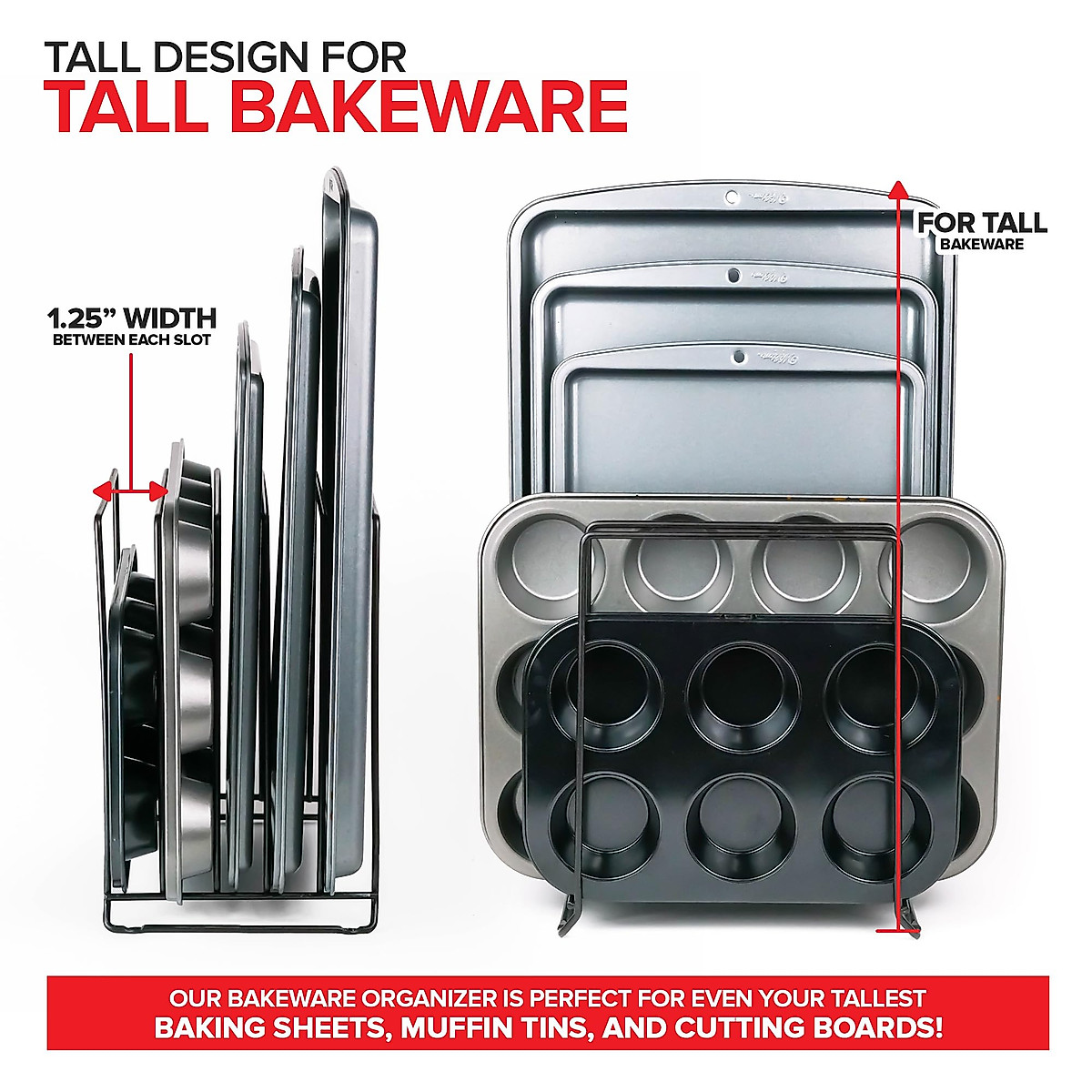 Stock Your Home Black (2 Pack) Extra Tall Steel Baking Pan Organizer Rack for Cabinet Storage or Kitchen Counter, Cookie Baking Sheet Organizer with Dividers, Muffin Tin and Cutting Board Holder