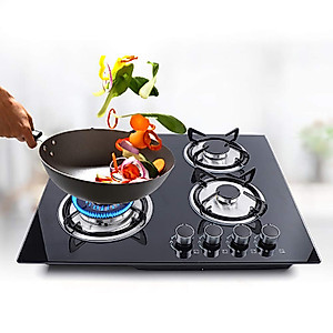 23.23"Tempered Glass Gas Cooktop,Electric 4 Burners Gas Stoves Top, Drop-in Gas Hob Dual Fuel LPG/NG Gas Cooker Stovetop Built-in Gas Stove 4 Burners for Home Kitchen/Commercial Restaurant Black,3300W