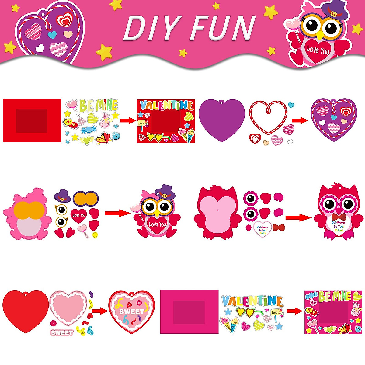 24 Packs Valentine’s Day Craft Kits for Kids Valentine’s Heart Owl Picture Frame DIY Art Craft Valentine’s Day Party Decoration Favor Home Classroom Game Activities