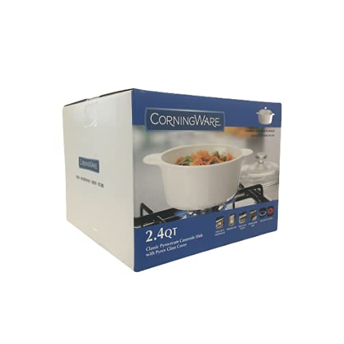 CorningWare Glass-Ceramic Pyroceram Round Classic Casserole, 2.4 Quart / 2.25 Liter Cooking Pot with Handles & Glass Cover - White (Medium)