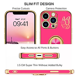 BENTOBEN for iPhone 13 Pro Max Case, Phone Case iPhone 13 Pro Max, Cute Butterfly Plating 360° Ring Holder Kickstand Magnetic Car Mount Supported Soft Bumper Women Men Drop Protective Cover, Hot Pink