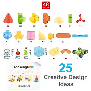 LookengQbix 25-in-1 Magnetic 3D Building Shapes, Magnet Blocks Tiles,STEM Educational Toys w/25 Different Designs in Idea Book for Children Kids Brain Development