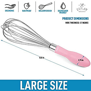 Zulay 12-Inch Stainless Steel Whisk - Balloon Whisk Kitchen Tool With Soft Silicone Handle - Thick Durable Wired Whisk Utensil For Blending, Beating, Whisking, Frothing, Stirring & More (Pink)