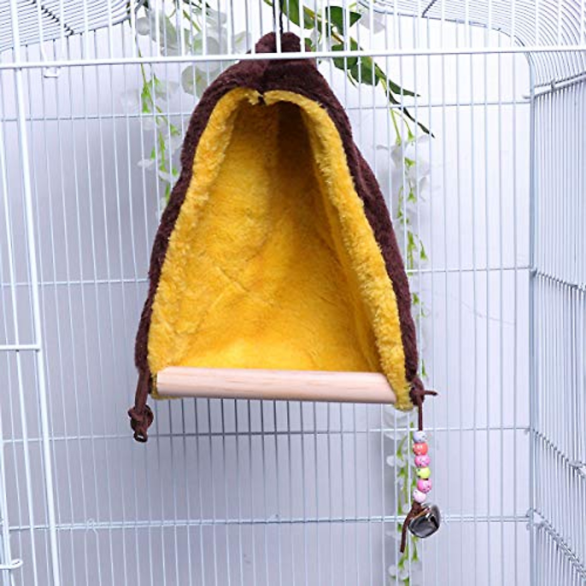 Parrot Swing Perch - Bird Winter Plush Hut Tent Birdcage Hammock with Wood Stand and Bells Pendant for Parakeets Cockatiels, Conures, Macaws, Parrots, Love Birds, Finches