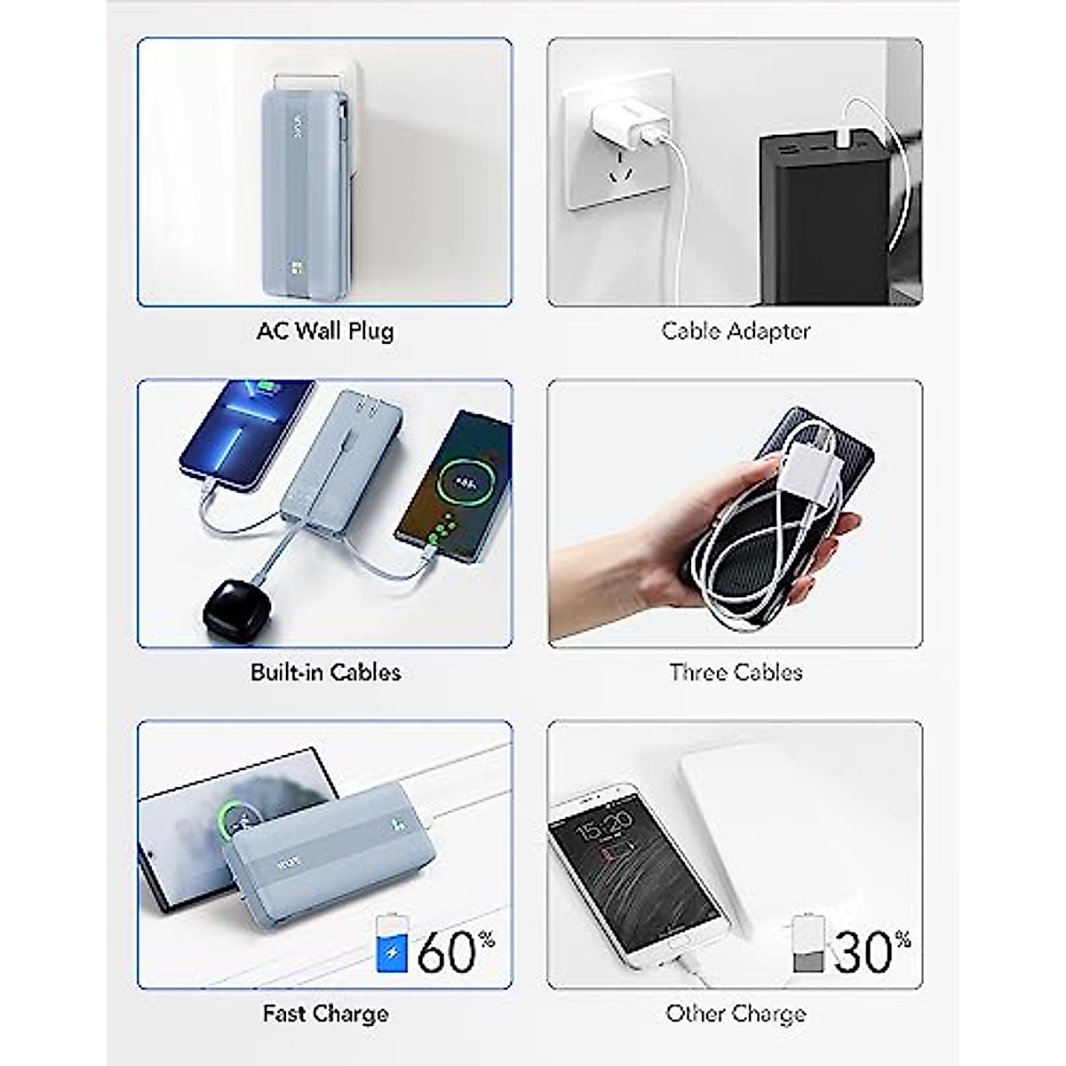 VRURC Portable Charger, 22.5W Fast Charging Power Bank with Built-in Cables & AC Wall Plug, 10000mAh Battery Pack(QC4.0 PD3.0), USB C with 4 Output 2 Input, Compatible with iPhone Samsung etc - Blue