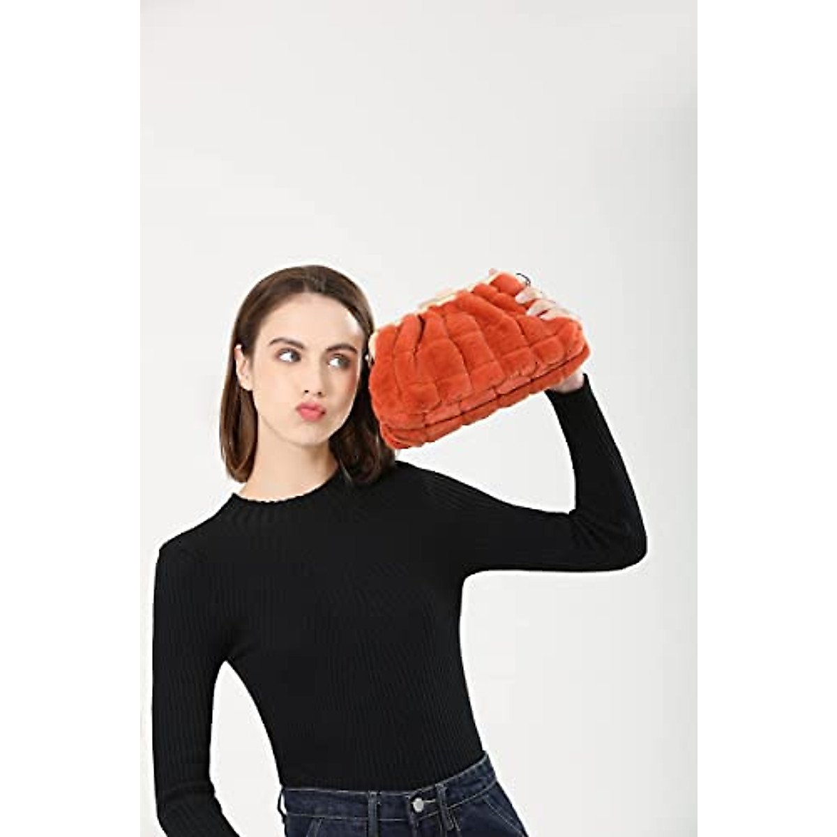 M10M15 Furry Purse Handbag for Women Winter Faux Fur Evening Bag Super Warm Purse Large Size Light weight for Party Orange