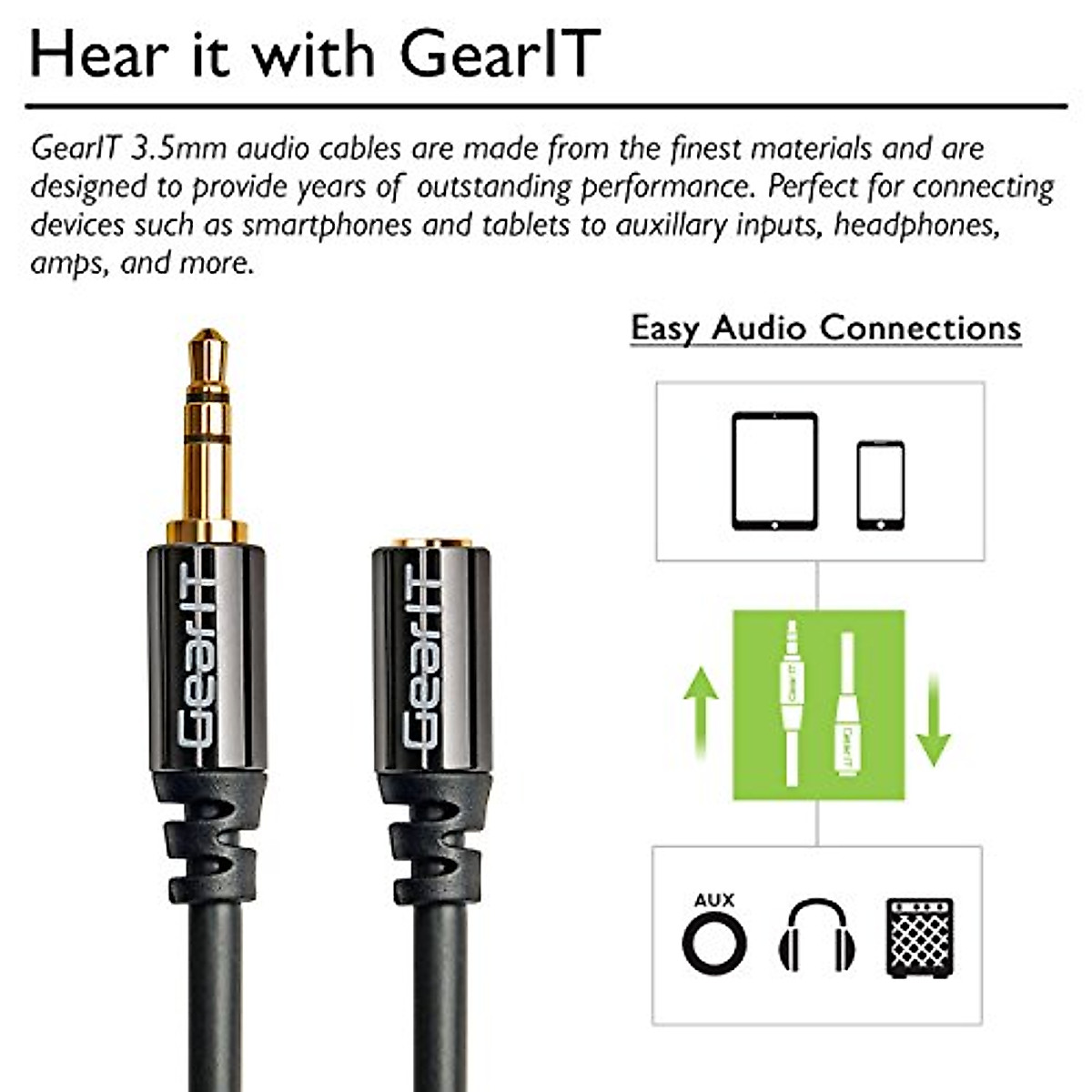 50ft 3.5mm Extension Cable, GearIT Pro Series Preminun Gold Plated 50 Feet 3.5mm Auxiliary Audio Stereo Extension Male to Female Cable, Black