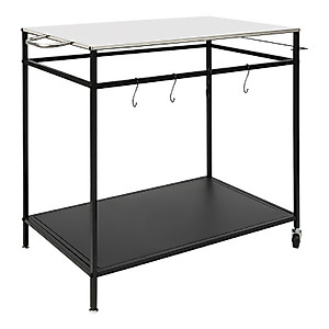 Gagalayong Double-Shelf Movable Outdoor Grill Cart Pizza Oven Stand, Multifunctional Kitchen Food Prep Table with Drawer, Black Solid Steel Dining Worktable on 4 Wheels & Seasoning Tray