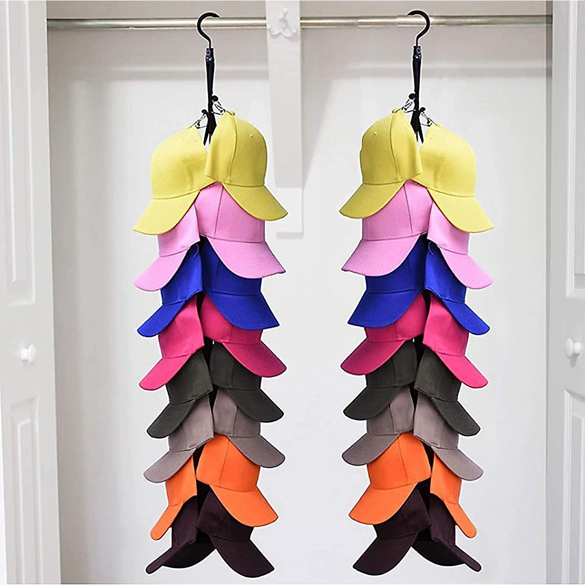 BetterJonny 2 Pack Closet Hanging Hat Organizer Rack, 16 Stainless Steel Hat Storage Clips Hat Organizer Holder for Room Closet for Men or Women Closet Hook Cap Holder(Black)