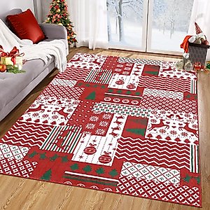 RUGSREAL Washable Christmas Area Rug Christmas Patchwork Area Rugs Carpet Holiday Decorative Carpet Rug Velvet Foldable Coffee Table Accent Rug Farmhouse Dining Table Rug Bedroom Decor, 4' x 6'