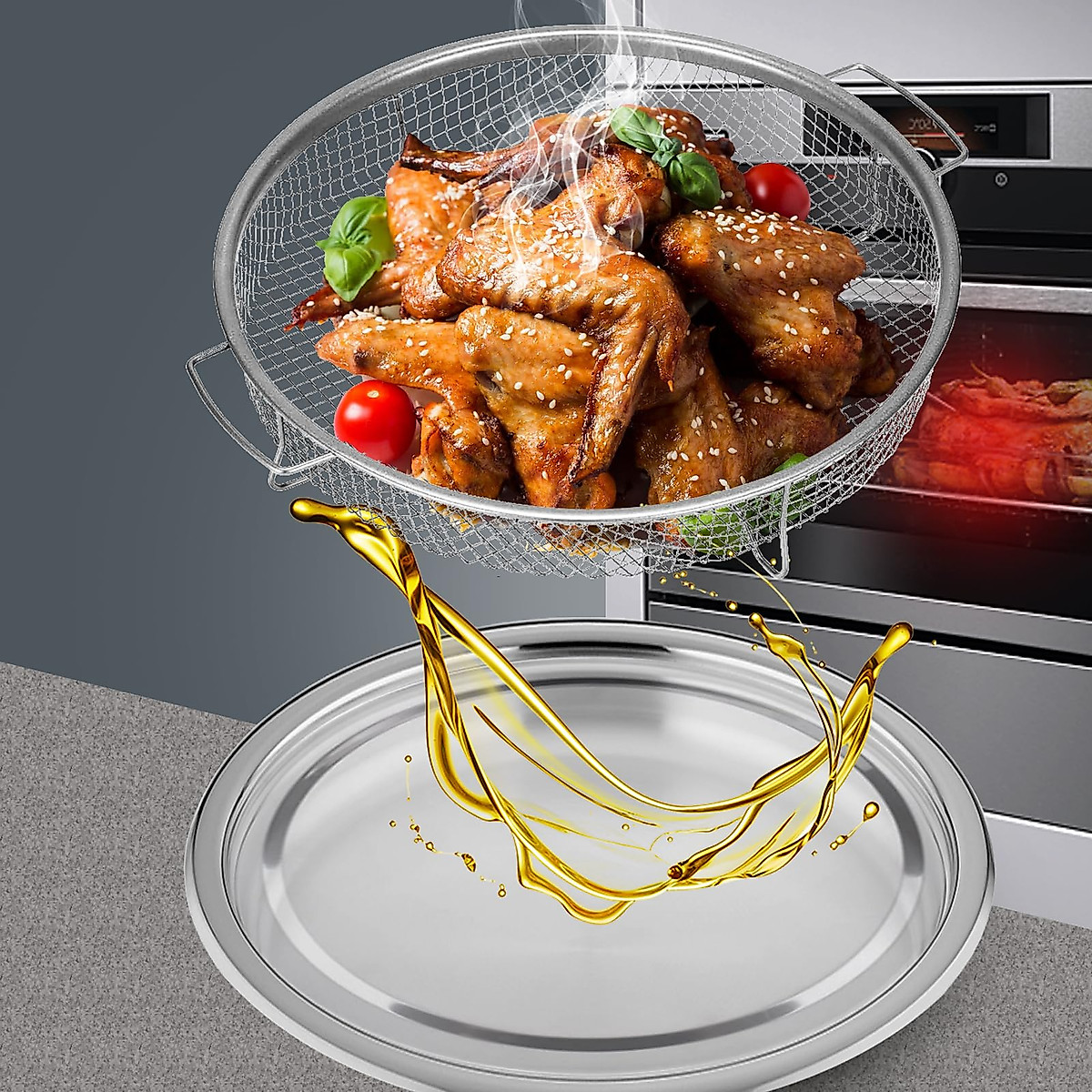 Air Fryer Basket for Oven,2 Pieces Set Round Silver 12'' Non-stick Stainless Steel Mesh Air Fryer Baking Tray Accessories Rack Roasting Grill Basket for Convection Oven Air Fryer, Dishwasher Safe