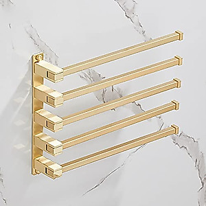 Swivel Towel Rack 4 Swing Arm Bathroom Towel Bar Wall Mounted Thick Brass Rustproof Hanging Holder Brushed Gold Finish Shower Room, Kitchen,five