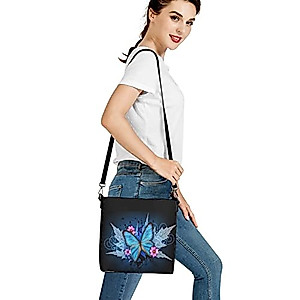 WELLFLYHOM Blue Butterfly Handbag for Women Crossbody Bucket Bags Trendy Tote Purses PU Leather Hobo Bag Work Satchel Shoulder Bag Travel wallet Organizer Gifts for Girls Messenger Pouches