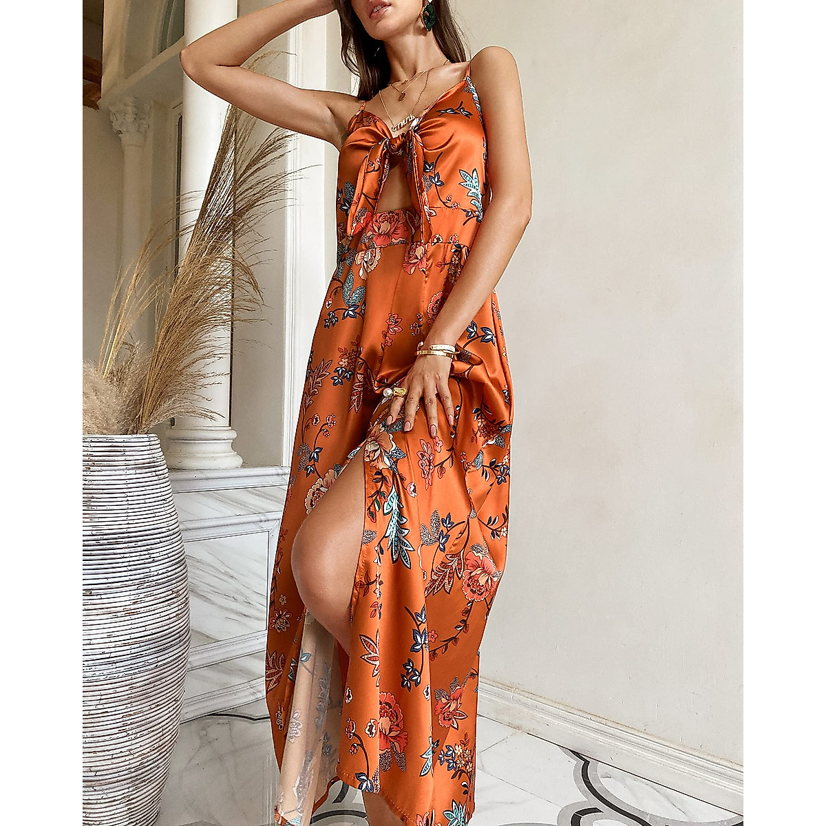 Fashionme Women Spaghetti Strap Midi Satin Dresses Tie Front Backless Split Summer Casual Floral Dress Hollow Flowy Slip Dress Sundress Wedding Guest Beach Cocktail Graduation Orange
