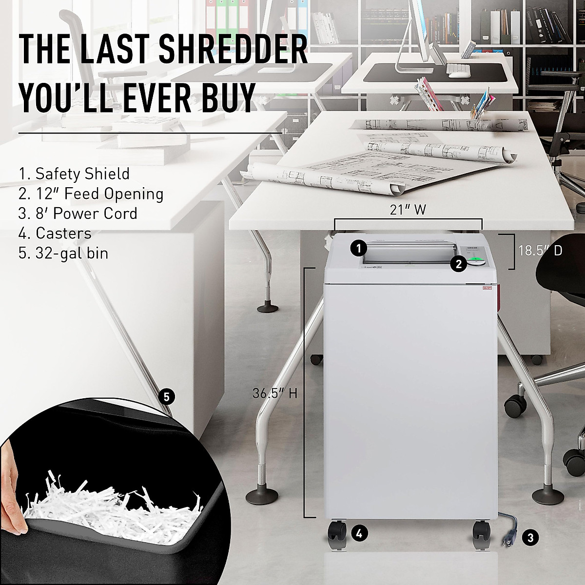 ideal. 3104 Strip-Cut Centralized Office Shredder,Continuous Operation, 27–30 Sheet Feed Capacity, 32 Gallon Bin, Shred Staples/Paper Clips/Credit Cards/CD/DVDs, 1 HP Motor, P-2 Security Level