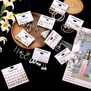 Fashion Earrings for Women, Funtopia 68 Pairs Drop Dangle Earrings, Statement Stud Earrings Pearl Earrings Set for Party Jewelry Gift (Gold and Silver)