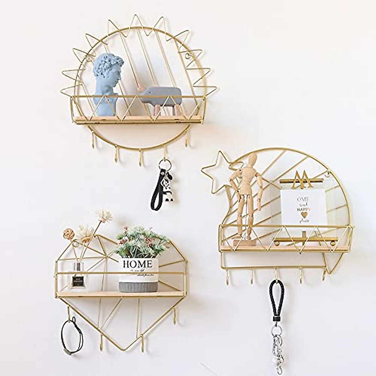 Iron Wall Mounted Storage Shelves,Floating Wall Shelves,Wall Moon Heart Hanging Rack Decorative Display Rack for Living Room Bedroom Kitchen Bathroom (Sun)
