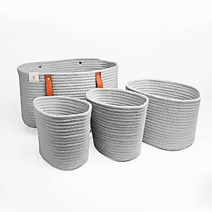 Oliver & Emilia Storage Basket – Portable Small Decorative Woven Cotton Rope Organizer - Leather Handle & Three Removable Bins for Toy, Baby Gift, Laundry, Living Room, Nursery, Towel, Blanket - Grey