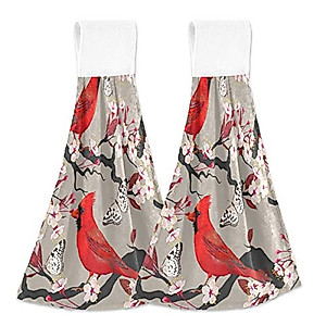 Cardinal and Blooming Cherry Kitchen Hand Towel Home Decorative Hanging Tie Towels 2PCS Super Soft Absorbent WashCloth Tie Towels for Home Bathroom Farmhouse Housewarming Tabletop, 12x17Inches
