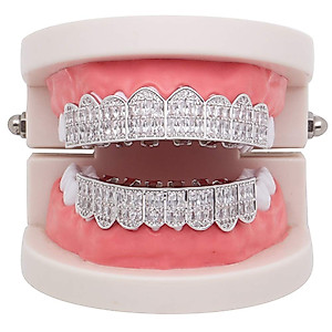 LuReen Gold Teeth Grillz Square Pave CZ 8 Teeth Top Bottom Man Women Grillz Diamonds Grillz+ 2 Extra Molding Bars for Halloween Costume Cosplay