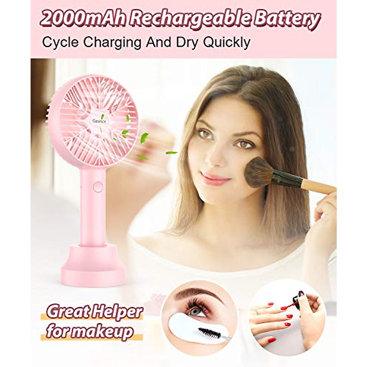Gasince Handheld Fan Mini Fan,Small Personal Portable Fan, USB Desk Fan,Rechargeable Eyelash Fan for Makeup,8-13hours Operated Small Makeup Eyelash Fan for Women Girls Outdoor and Indoor (Pink)