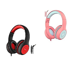 EarFun Kids Headphones Wired with Microphone, 85/94dB Volume Limit Headphones for Kids, Portable Wired Headphones with Shareport, Black Red & Pink