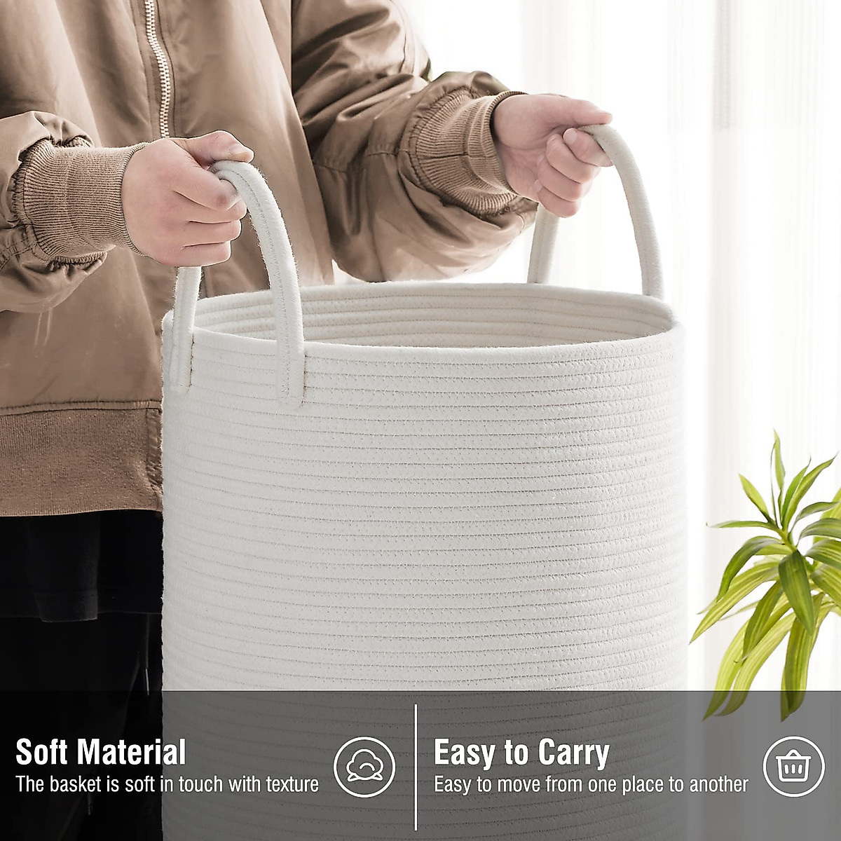 White Woven Rope Laundry Basket by TECHMILLY, 58L Baby Nursery Hamper for Clothes Blanket Storage, Large Tall Laundry Hamper for College Dorm, Bedroom, Living Room