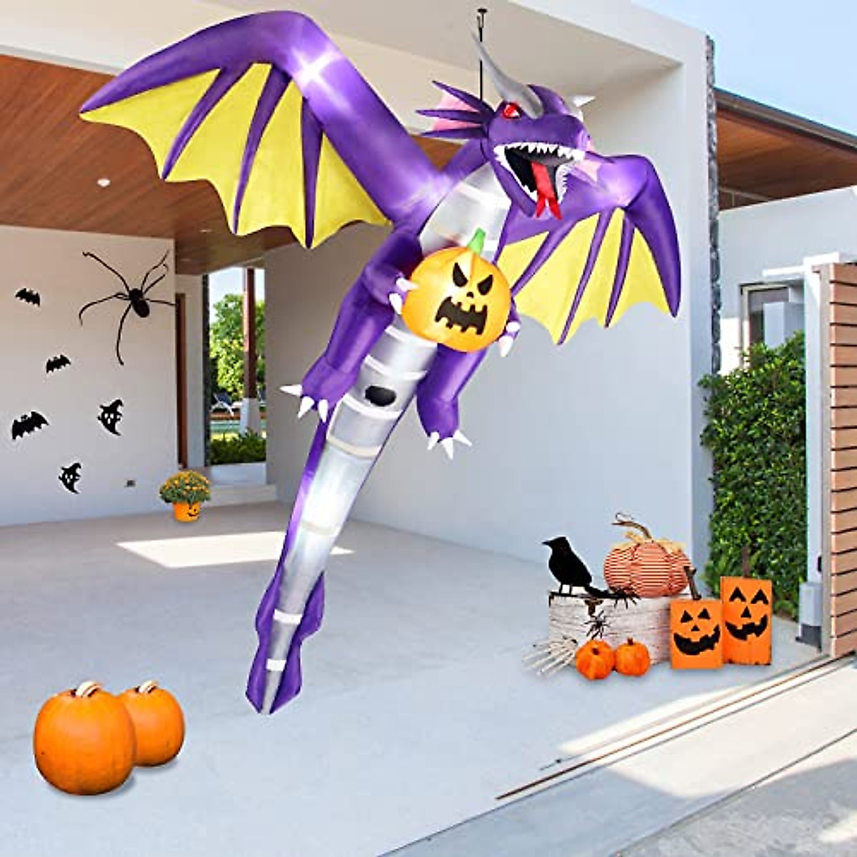7 FT Tall Hanging Inflatable Halloween Decorations Outdoor, Flying Dragon Holding Pumpkin Halloween Inflatables Build-in LEDs, Halloween Blow Up Yard Decorations for Tree Porch Yard Garden Outside