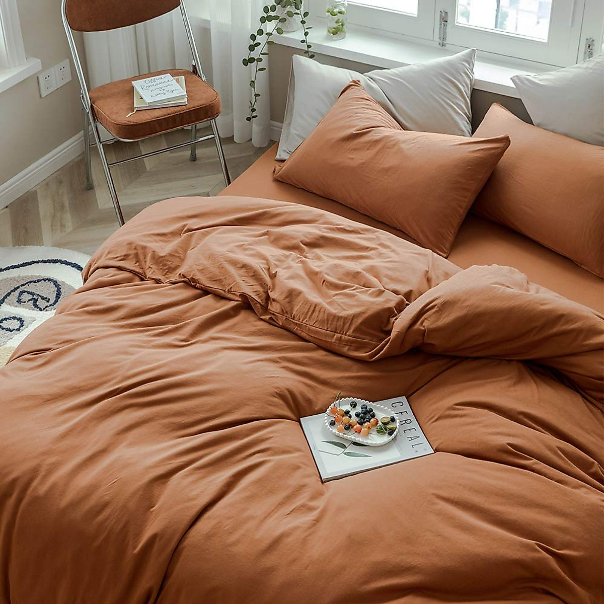 MKXI Pumpkin Duvet Cover Burnt Orange Fall Beddings Queen Comforter Cover Set Terracotta Bed Cover Breathable Jersey Cotton Bedding Collection Easy Care Solid Color Adults Bedding Set 3 Piece