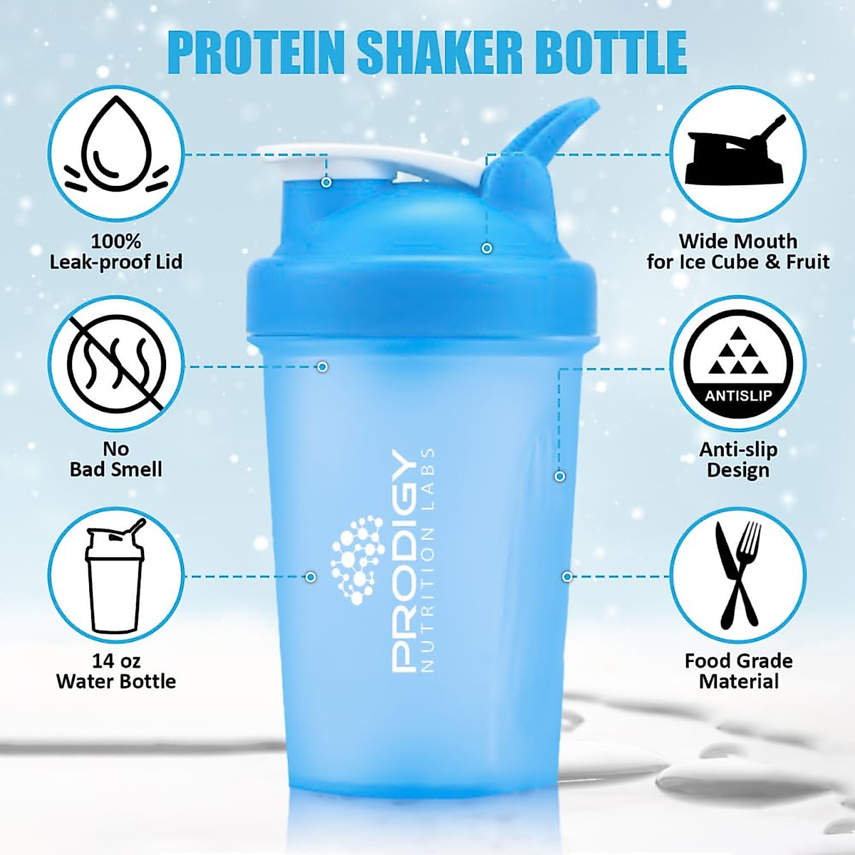 Prodigy Nutrition Labs Premium Shaker Bottle Perfect for Protein Shakes and Pre Workout -14 Ounce (Blue)