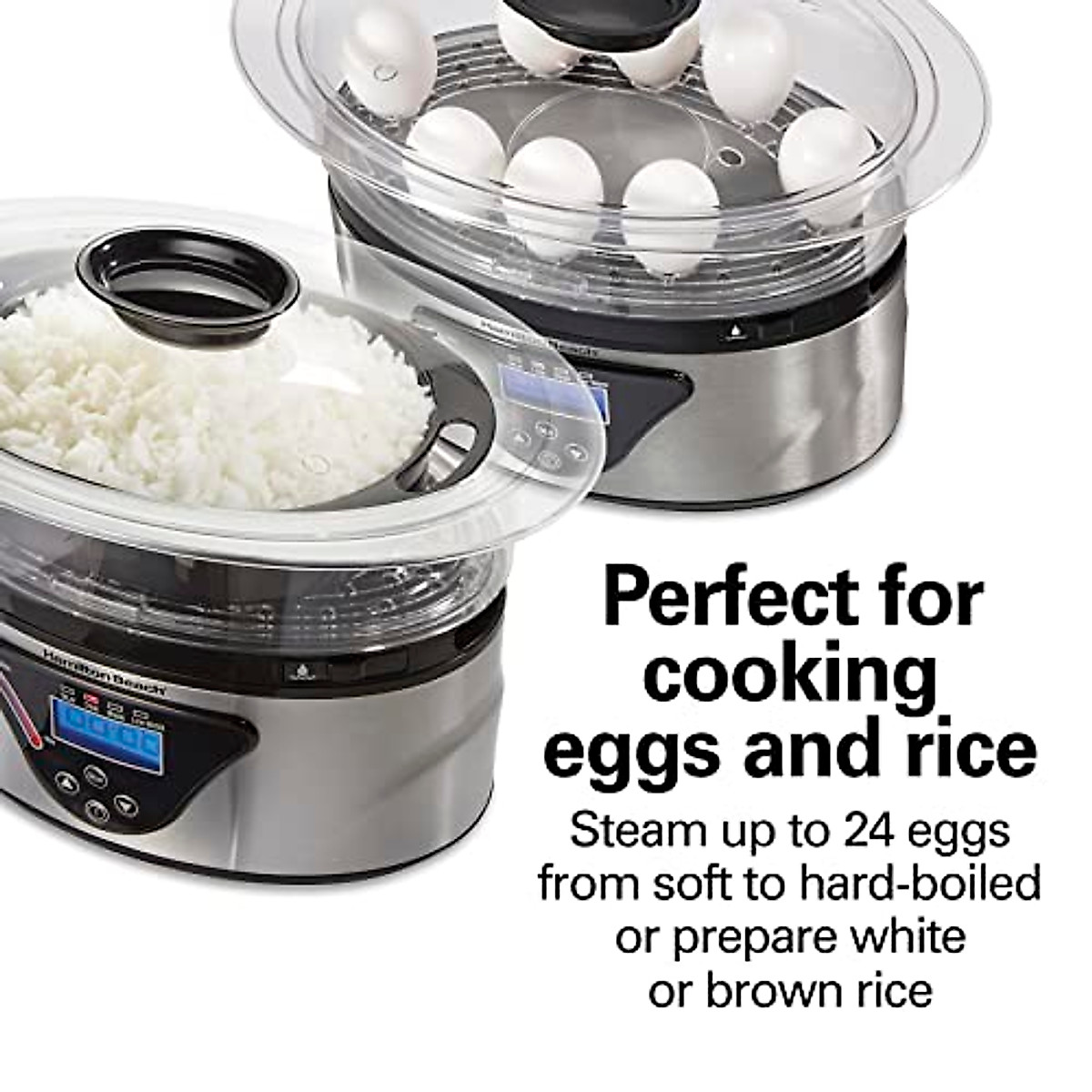 Hamilton Beach Digital Electric Food Steamer & Rice Cooker for Quick, Healthy Cooking with Stackable Three-Tier Bowls for Vegetables and Seafood, 8.25 Quart, Black & Stainless Steel