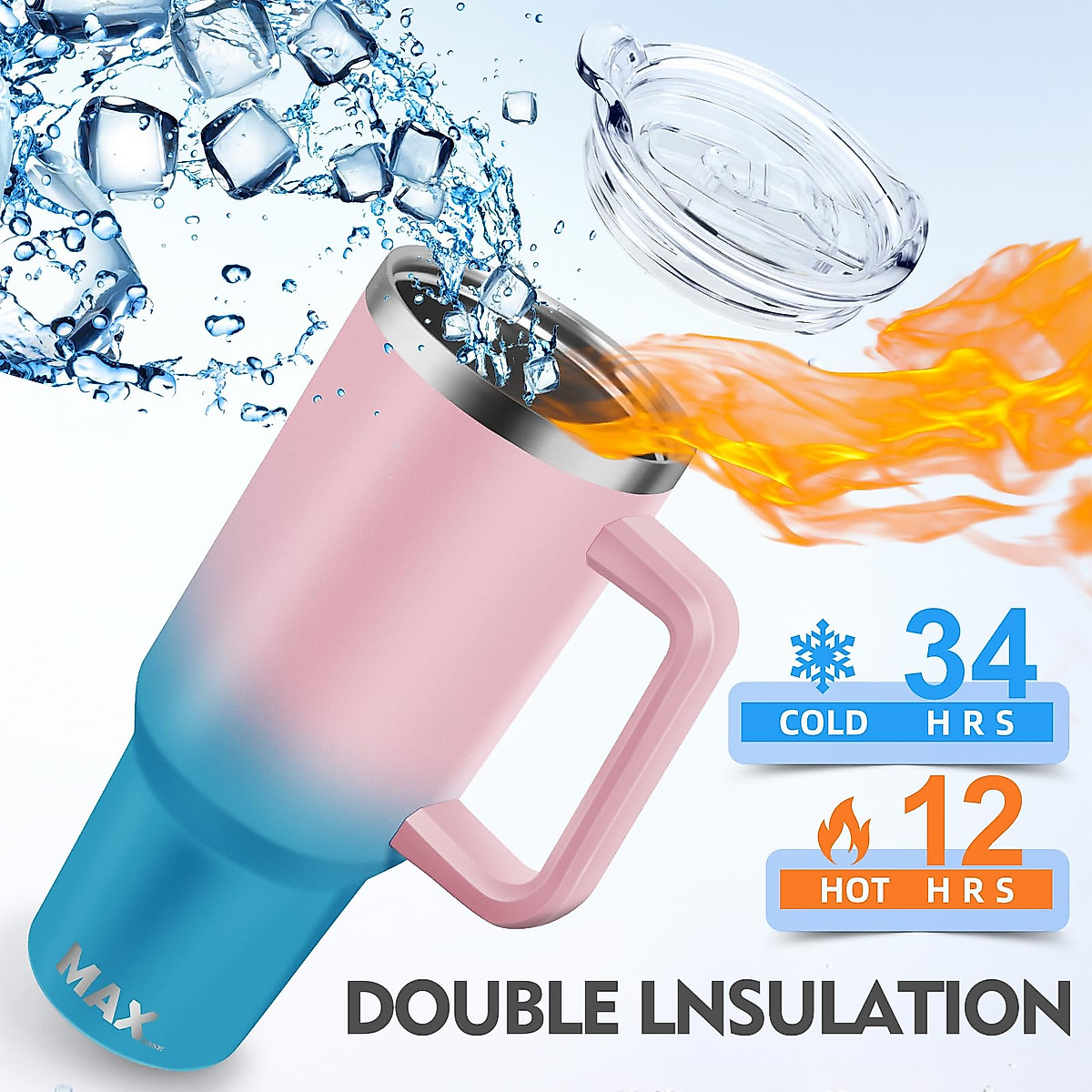 MaxBase 40 Oz Tumbler with Handle and Straw Lid, Insulated Reusable Stainless Steel Travel Mug Keeps Drinks Cold up to 34 Hours, 100% Leakproof Bottle (Bubble)