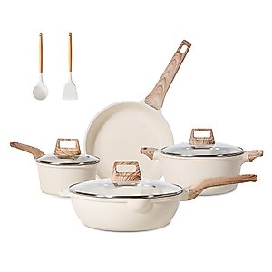 JEETEE Pots and Pans Set Non Stick, White Granite Kitchen Cookware Set, 14 Pcs Induction Cooking Set w/Frying Pans & Saucepans(PFAS/PTFE/PFOS/PFOA Free)