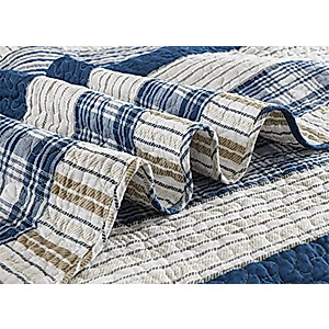 YUMIYUSHI Quilt Queen Size - Cotton Striped Queen Quilt Set,Navy Blue Tan White Plaid Queen Quilt Bedding Set ，Farmhouse Bedspreads Lightweight Reversible 3 Piece