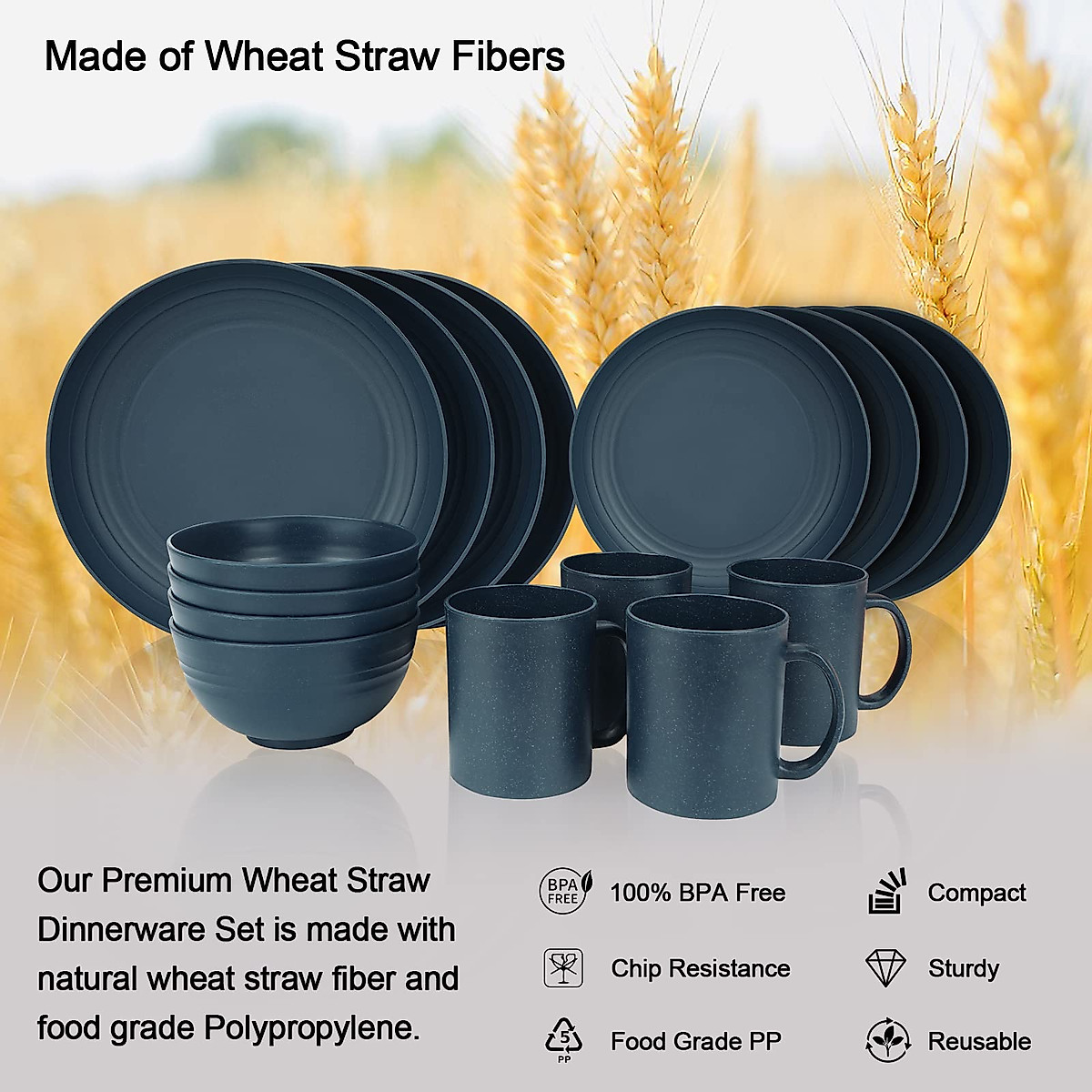 Kitdoyo Wheat Straw Dinnerware Sets - Camping Dishes Set for 4 - Unbreakable Kids Plastic Dinnerware Set - Plastic Plates and Bowls Set - Cereal Bowl - College Dorm Room Essentials