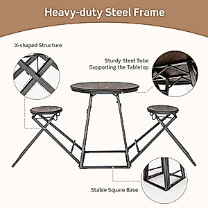 COSTWAY Bar Table and Stools Set of 3, Round Pub Bistro Table with 2 Foldable Stools, Heavy-Duty Steel Frame, Modern Table and Chairs Set for 2, Kitchen Dining Set for Apartment, Restaurant, Bar