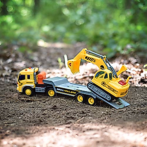 Maxx Action 17’’ Vehicle Transport with Excavator – Bright Lights and Construction Sounds | Friction Powered Trailer | 3 Piece Toy Playset for Kids | Yellow Construction Truck for Kids