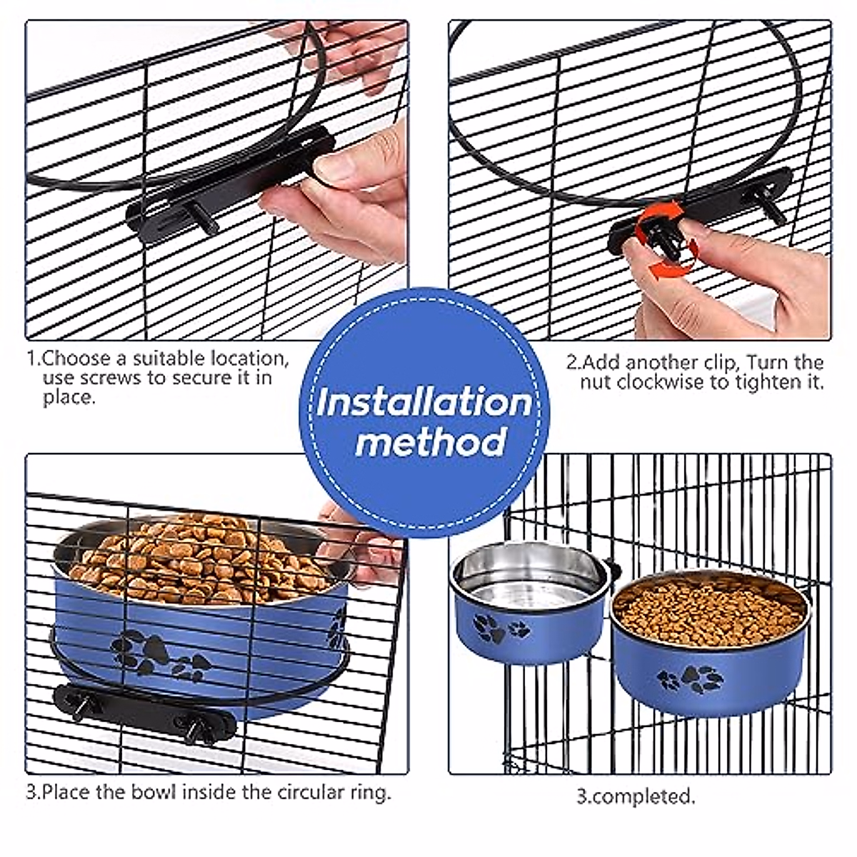 OFFKITSLY 2 Pack Stainless Steel Dog Crate Water Bowls, No Spill, Anti-Tipping, Hygienic, Easy to Clean, Cute Pattern, Perfect Size