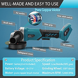 Angle Grinder, 4inch Cordless Angle Grinder with 9 Grinding Wheels,12000RMP 18V/21V Power Grinder, Cutting/Deburring/Derusting Grinder Tool (No Battery)