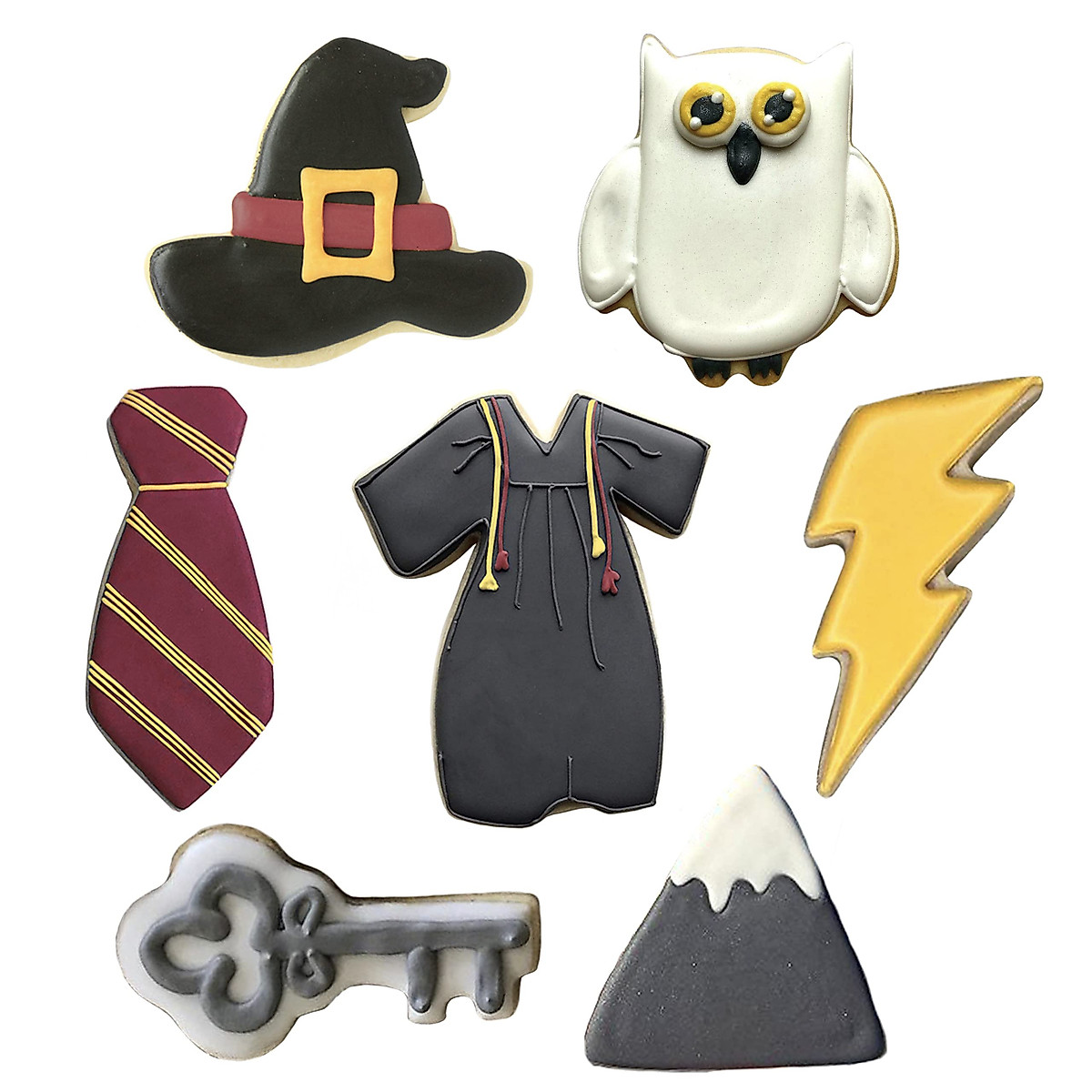 Witchcraft and Wizardry Cookie Cutters 7-Pc. Set Made in the USA by Ann Clark, Robe, Tie, Owl, Lightning Bolt, Witch's Hat, and more