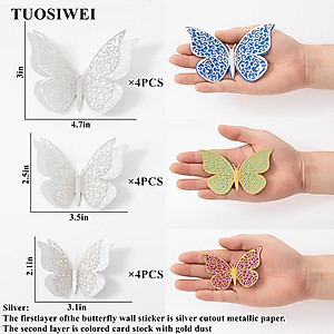 Tuosiwei 12PCS Butterfly Wall Decals - 3D Butterflies Decor for Wall Removable Mural Stickers Home Decoration Kids Room Bedroom Decor (White Silvery)