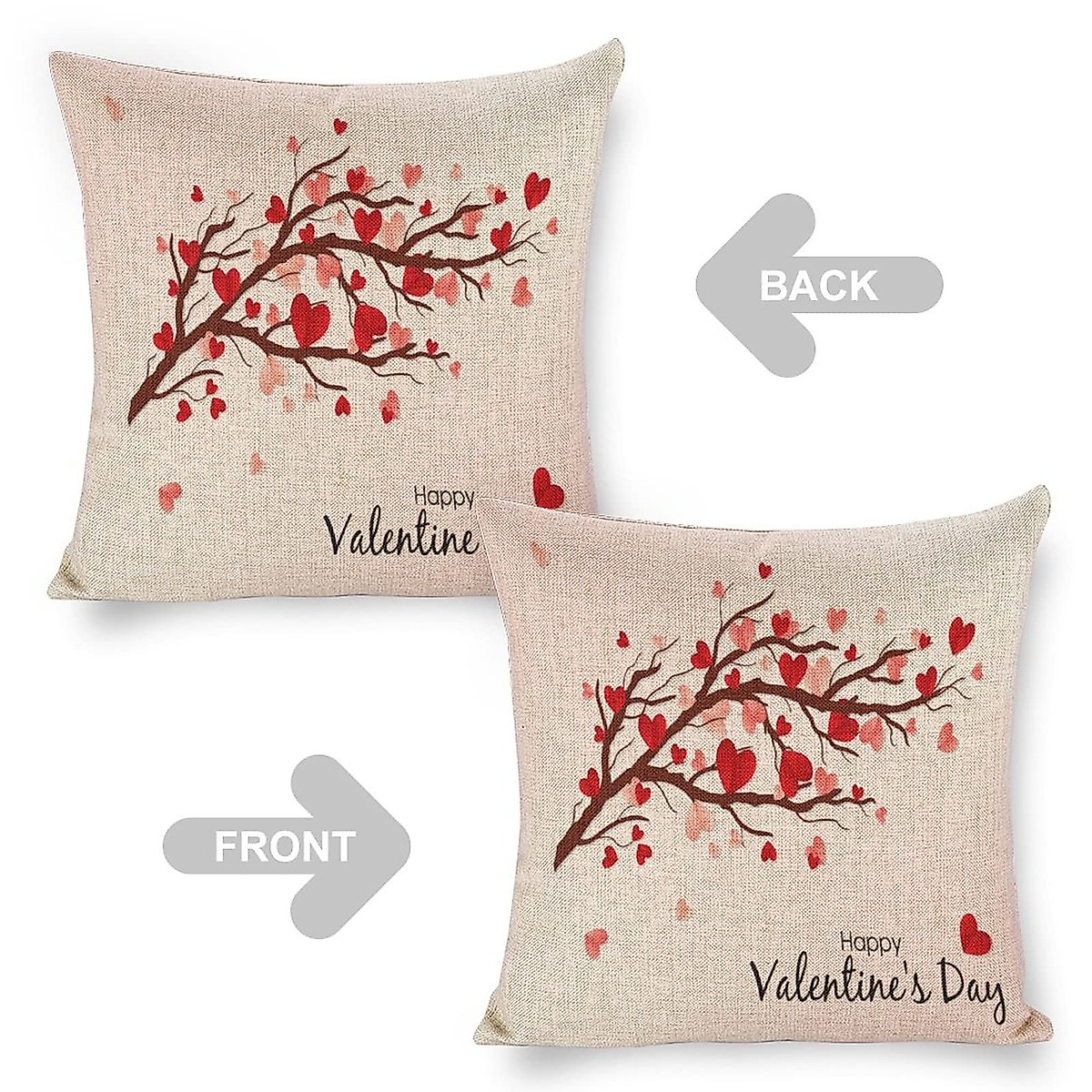 Happy Valentine's Day Throw Pillow Covers 18×18 Pillowcases Set of 2 Love Heart Branch Linen Decorative Square Pillow Case Cushion Covers Standard Size for Sofa Couch Outdoor Bed Pillow Protectors